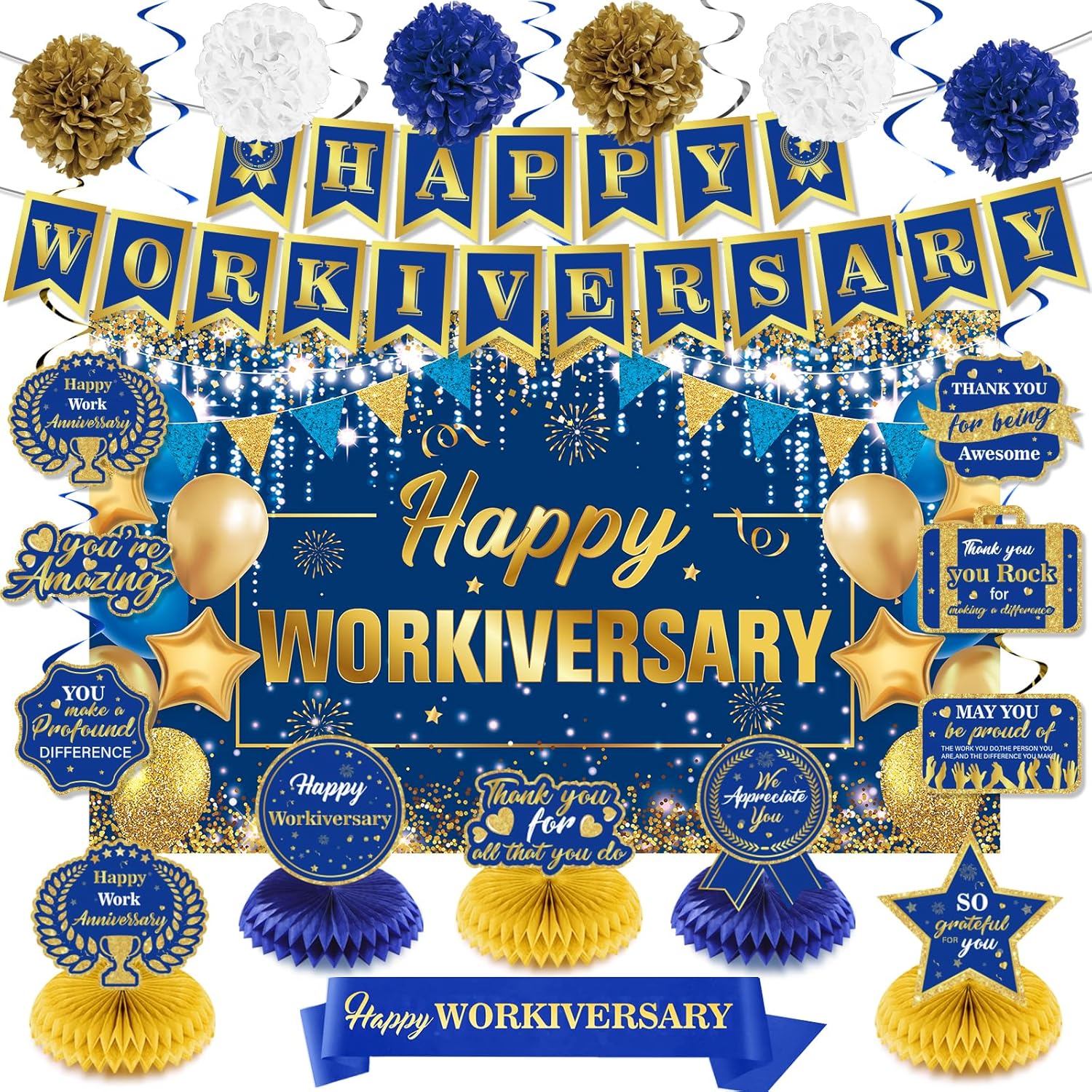 Amazon.com: Happy Work Anniversary Decorations Blue Gold Happy ...