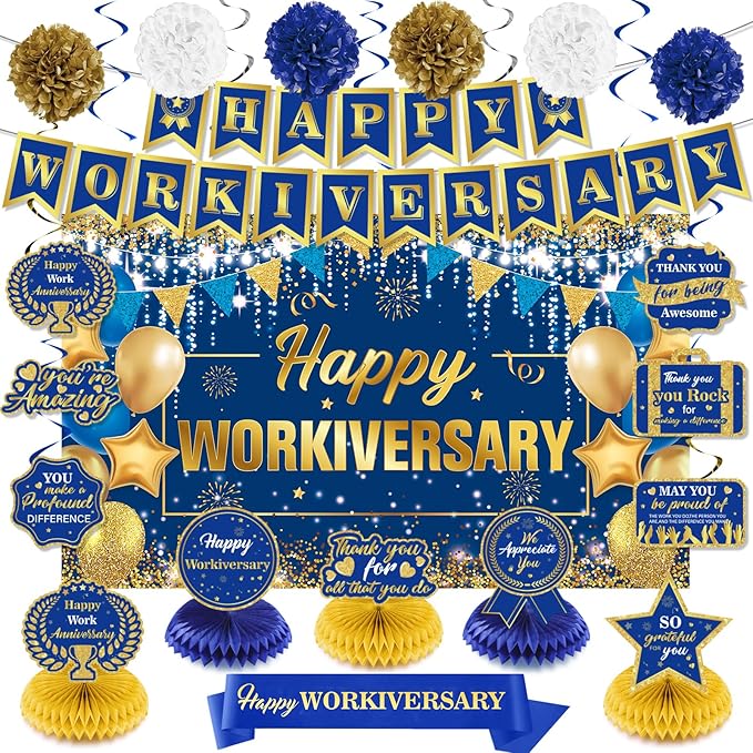 Amazon.com: Happy Work Anniversary Decorations Blue Gold Happy ...