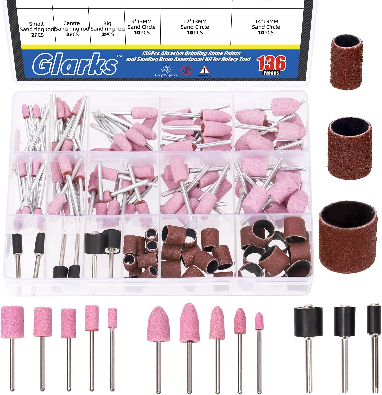 Glarks 136Pcs Abrasive Stone Points and Sanding Drum Set, Grinding ...