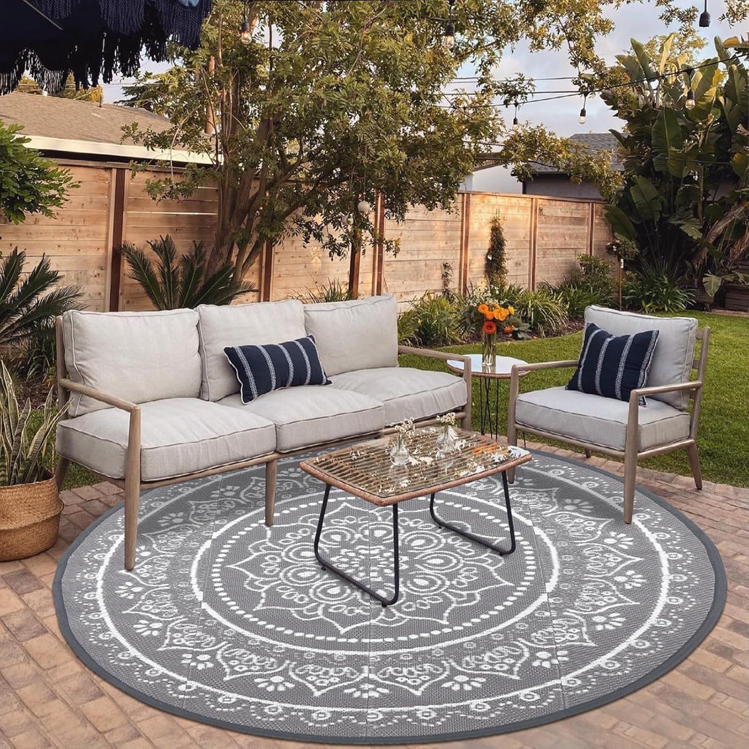 Vaukki Reversible Boho Round Rugs, Plastic Straw Outdoor Mat, Outdoor ...