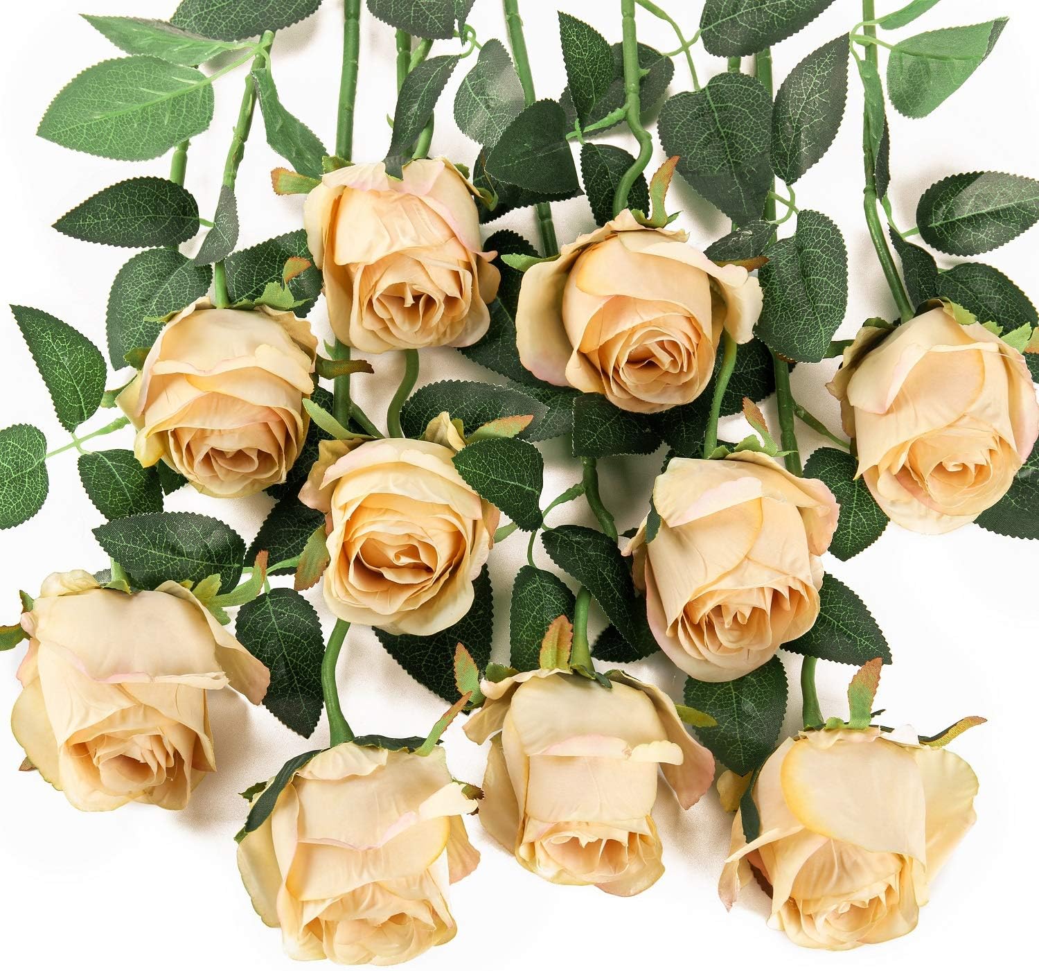 Amazon.com: Flojery 10pcs Artificial Rose Flowers Long Stem Fake Silk ...