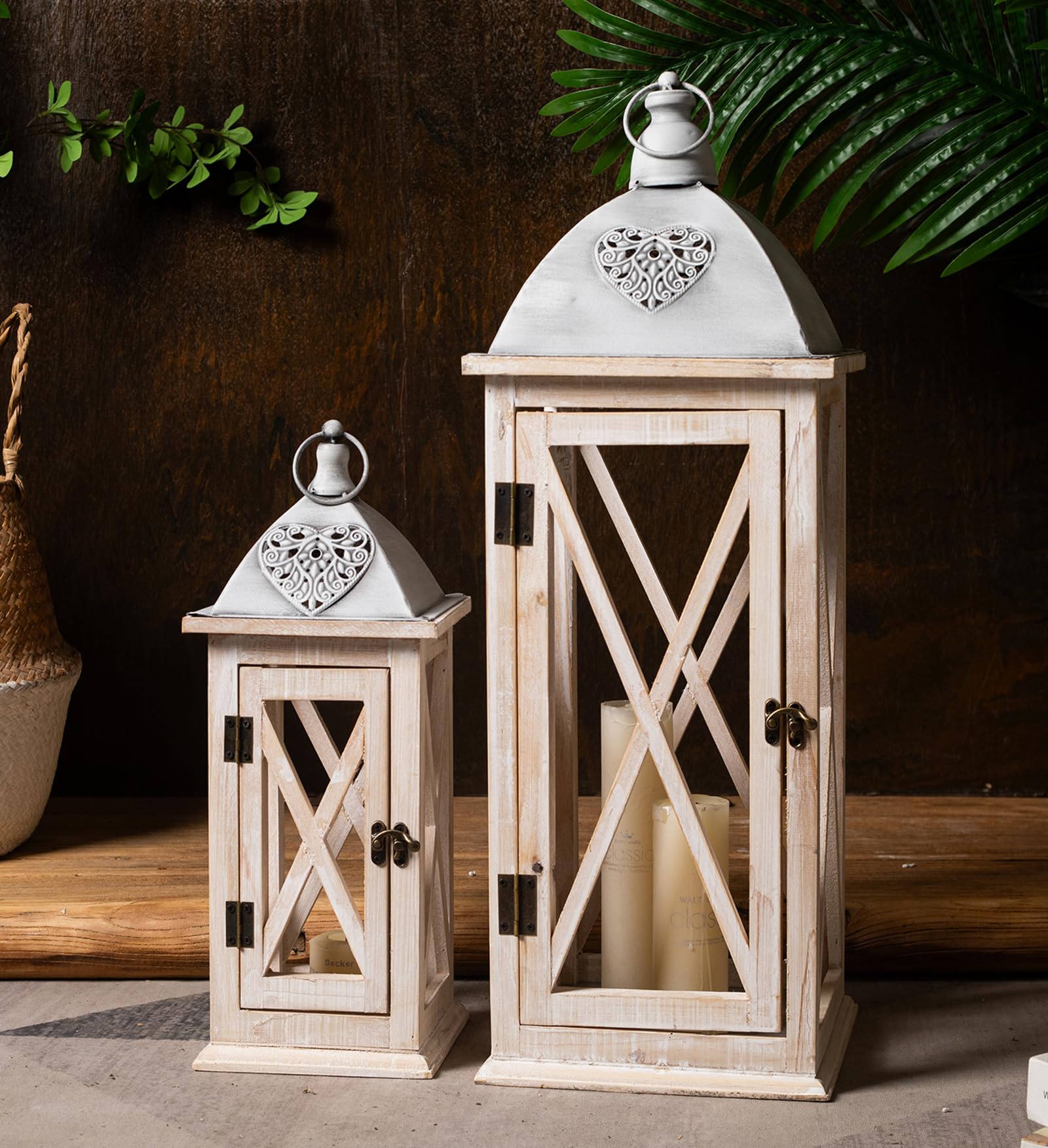 Venalys Large Rustic Lantern Decorative Set of 2, Farmhouse Wooden ...