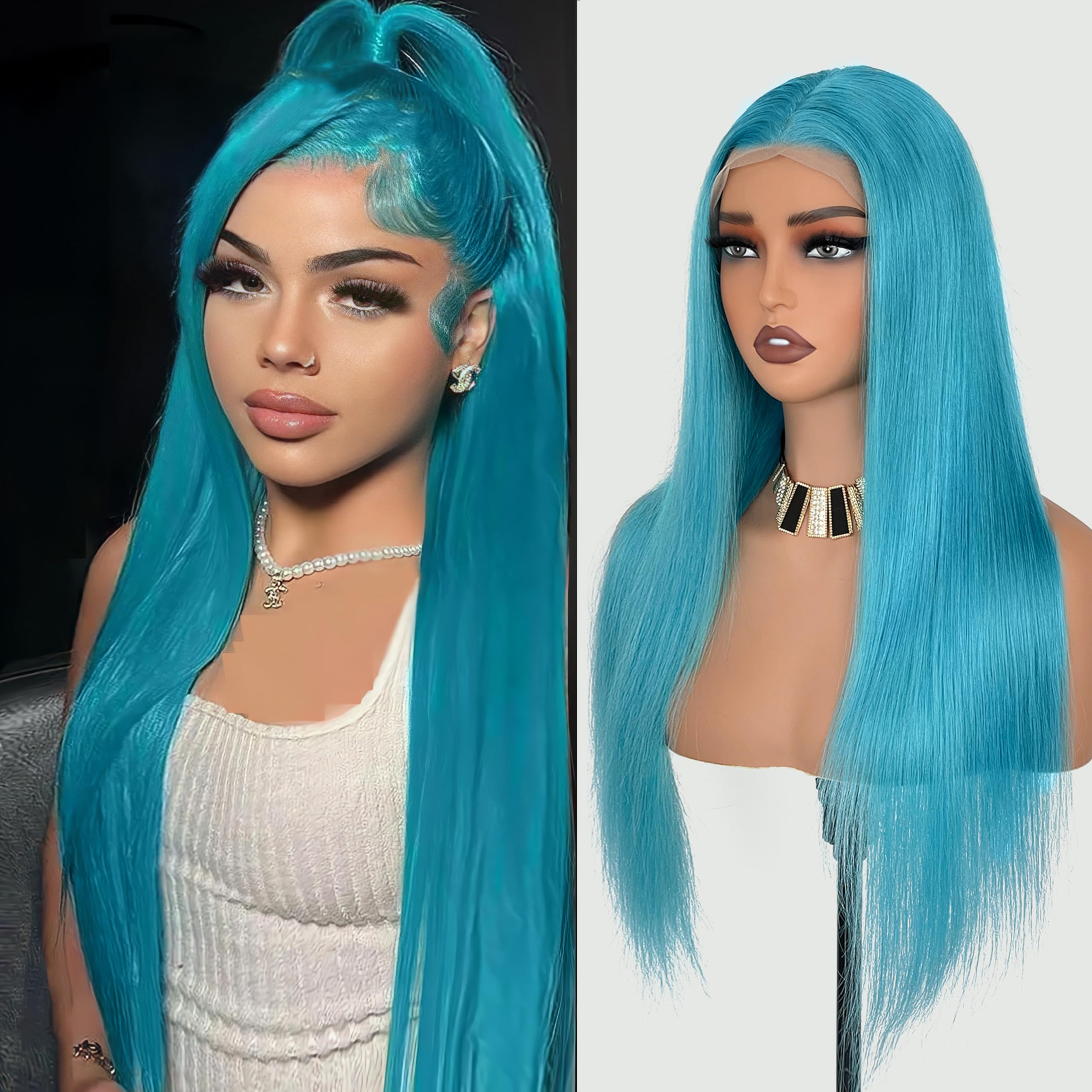 Amazon.com: Msviki Light Blue Lace Front Wig Human Hair 13x4 HD ...