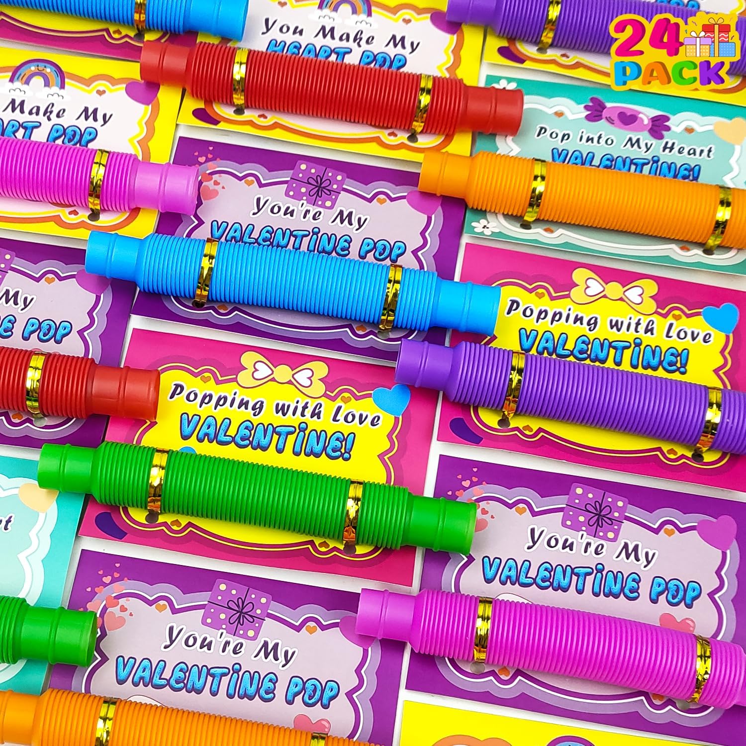 Valentines Day Gifts Cards for Kids Classroom, 24 Pack Pop Tubes Fidget ...