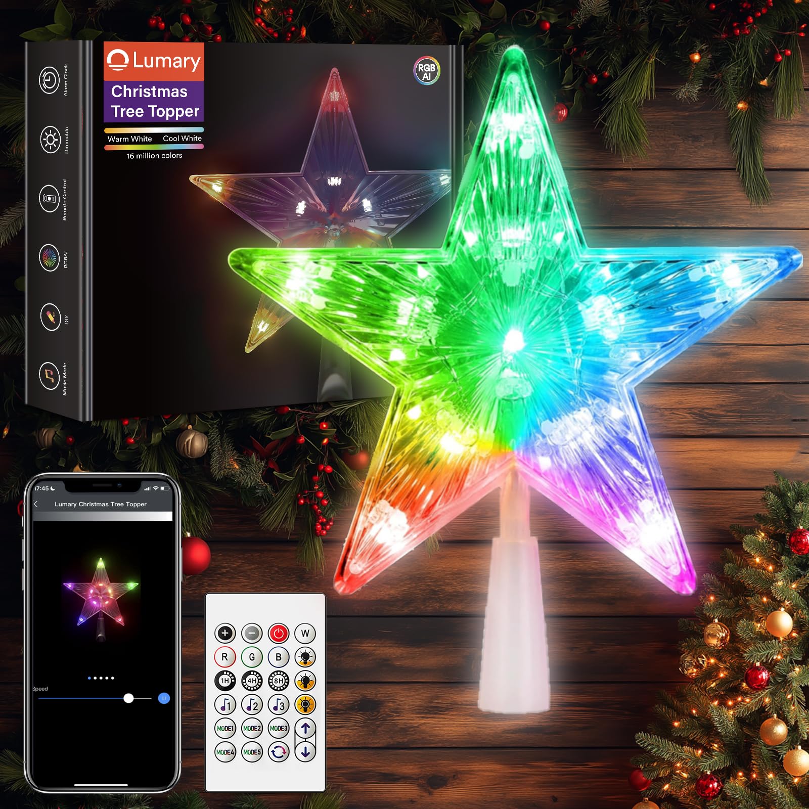 Amazon.com: Lumary Smart Christmas Tree Topper 7.6 Inch, Color Changing ...