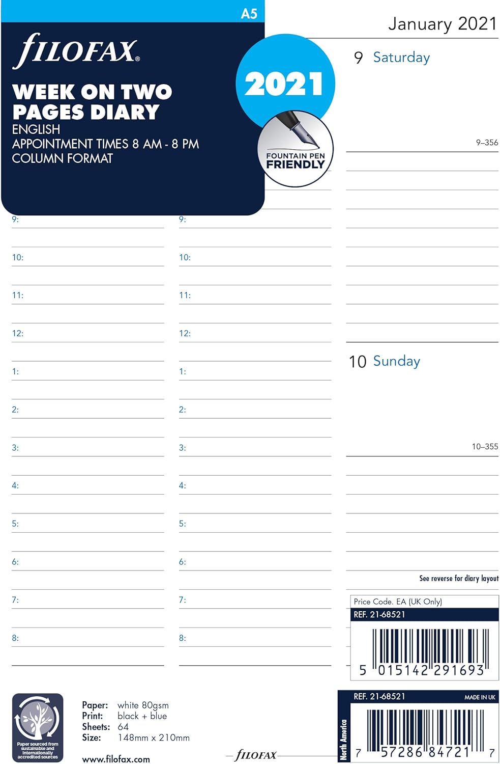 Filofax Agenda 2021 au format A5 avec une semaine sur deux pages ...