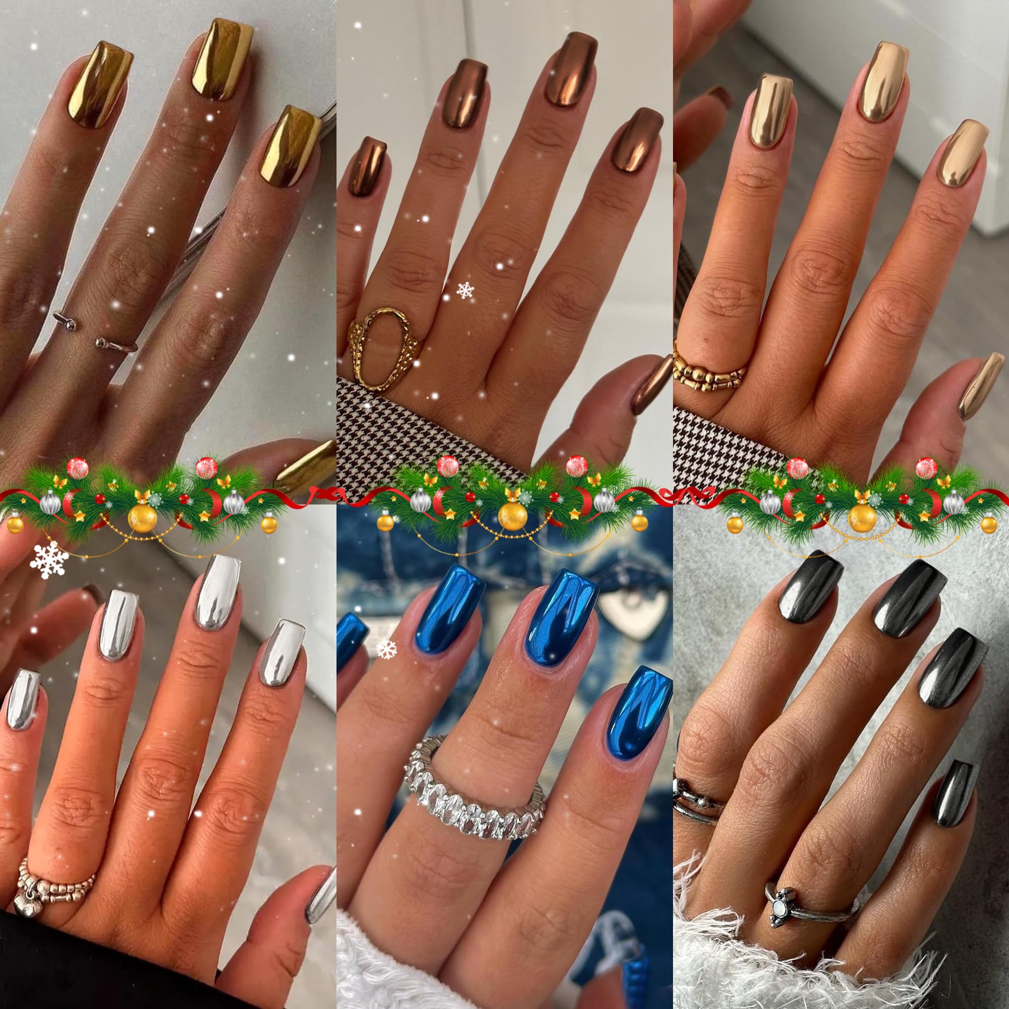 Amazon.com: 6 Packs Chrome Press On Nails Short Medium, KQueenest ...