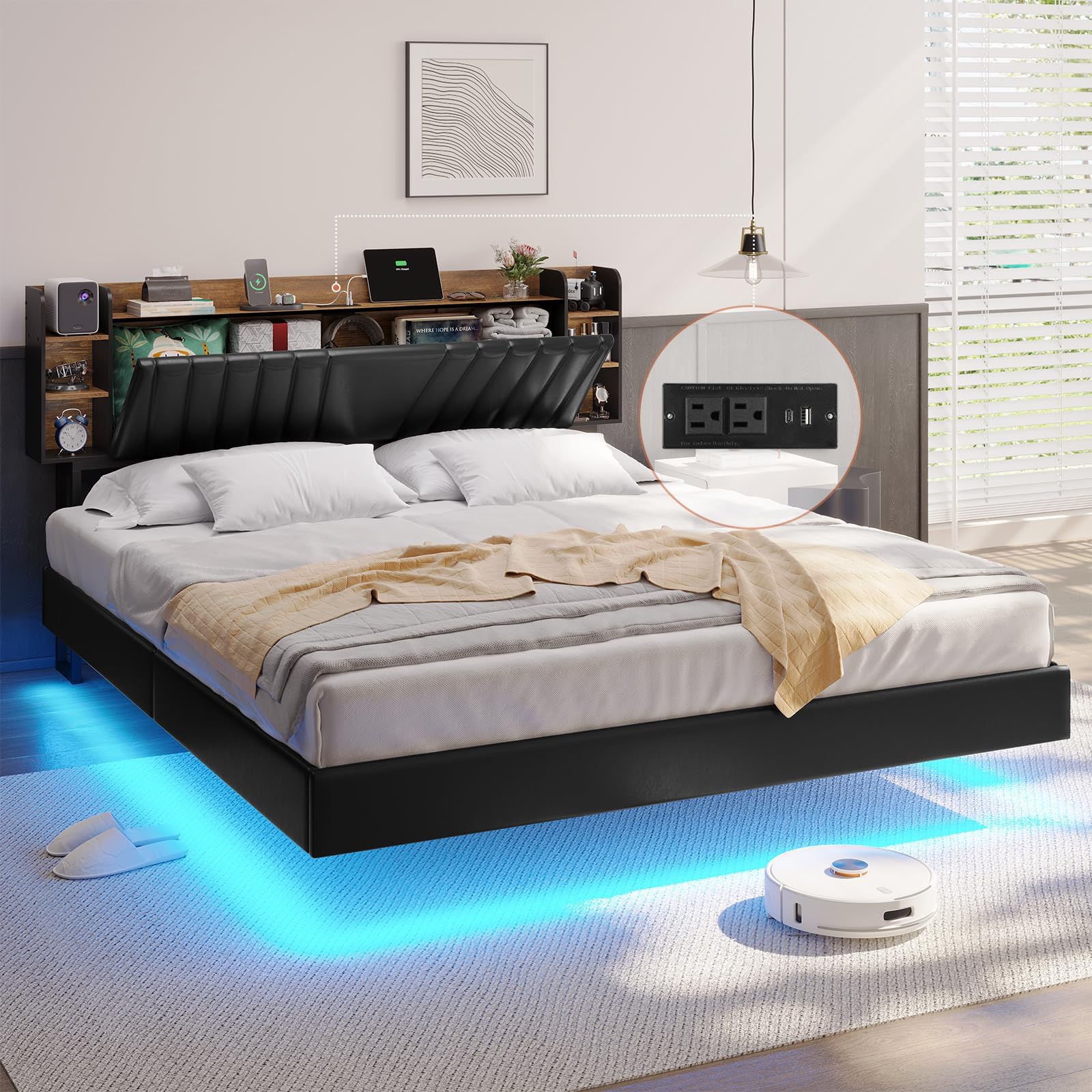 Amazon.com: DICTAC Floating King Bed Frame with LED Lights and Hidden ...