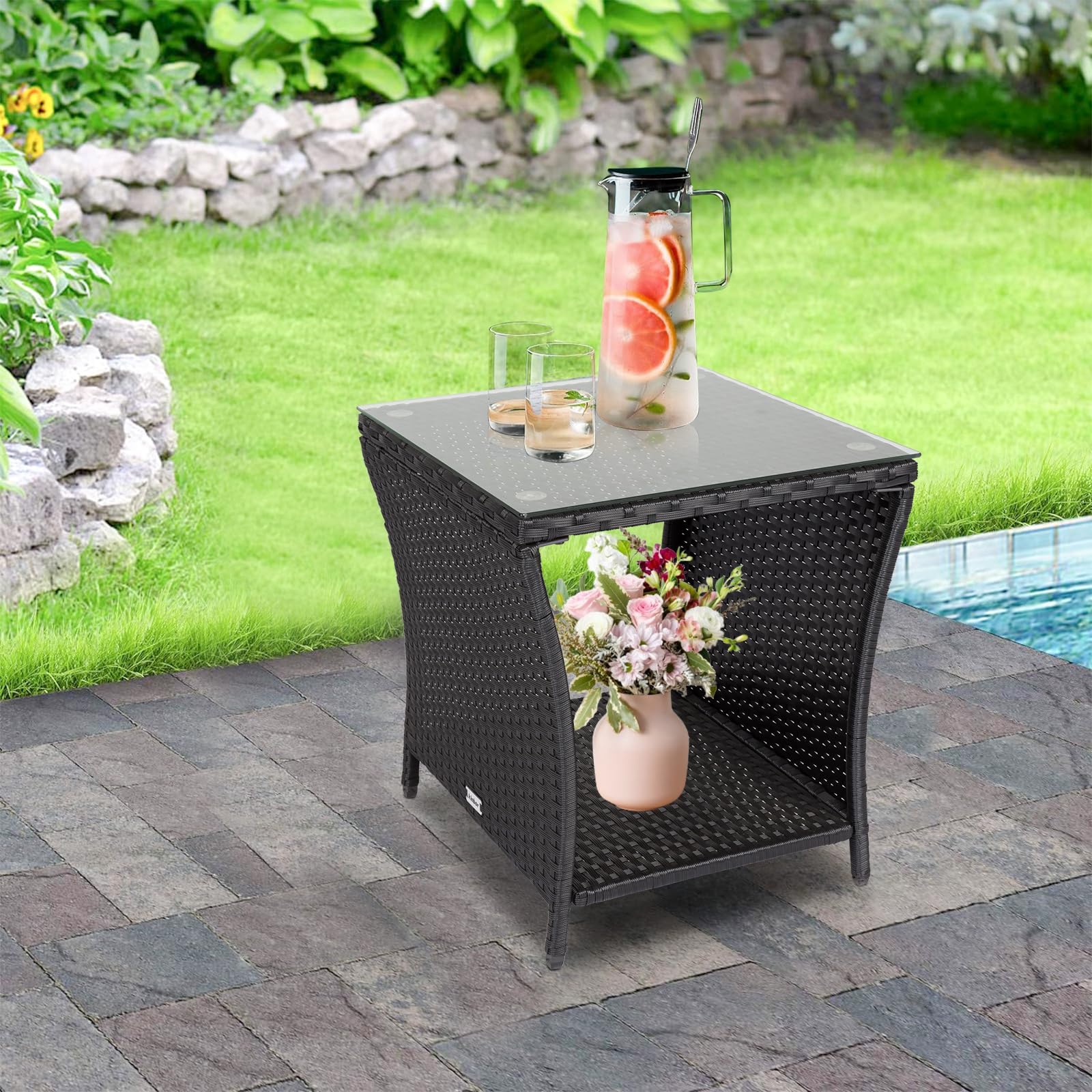 Amazon.com: Outdoor Patio Side Table Small Brown Wicker Rattan End ...