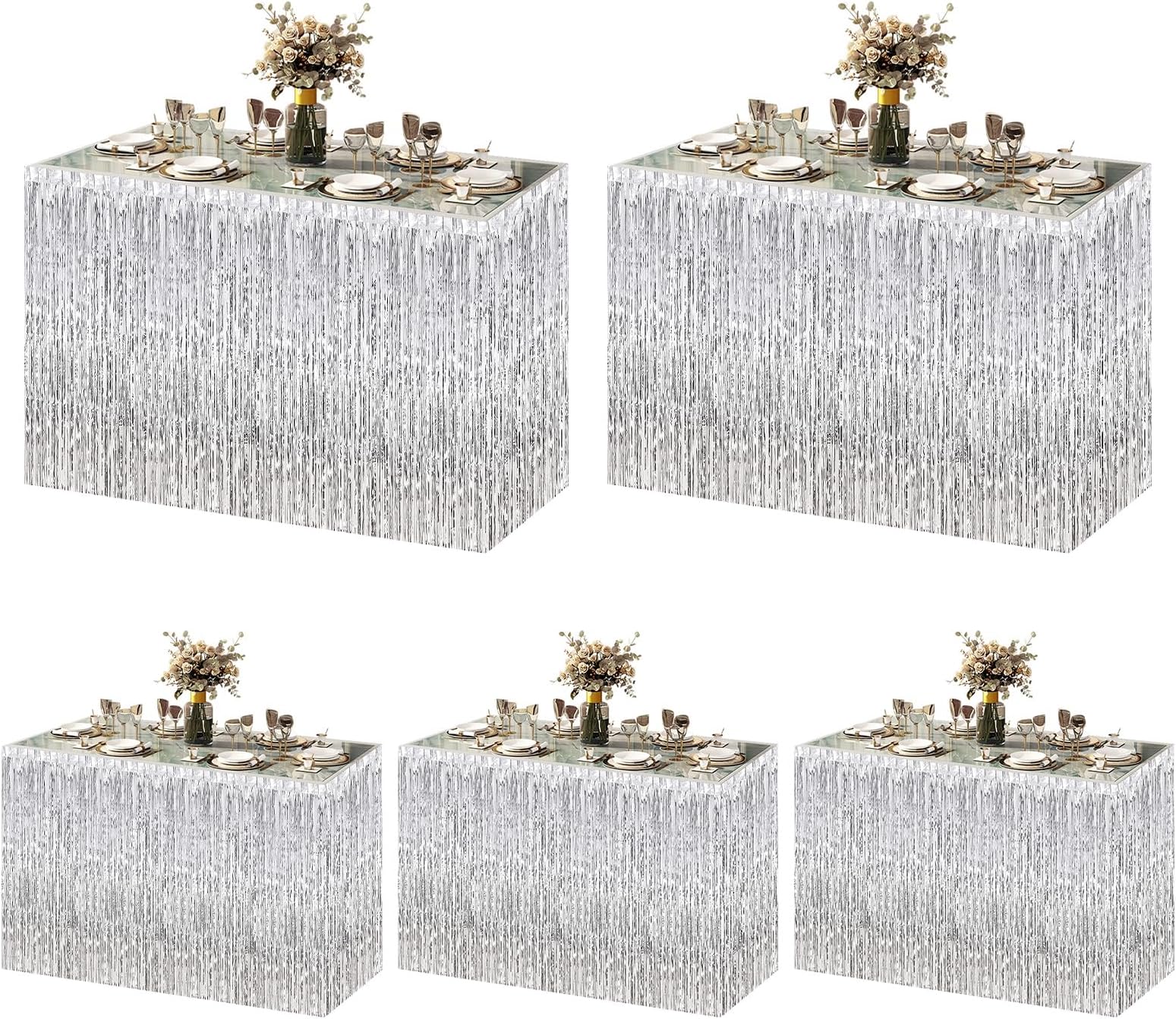 Amazon.com: 5 Pack Silver Foil Fringe Table Skirt, 29 x 108 IN Fringe ...