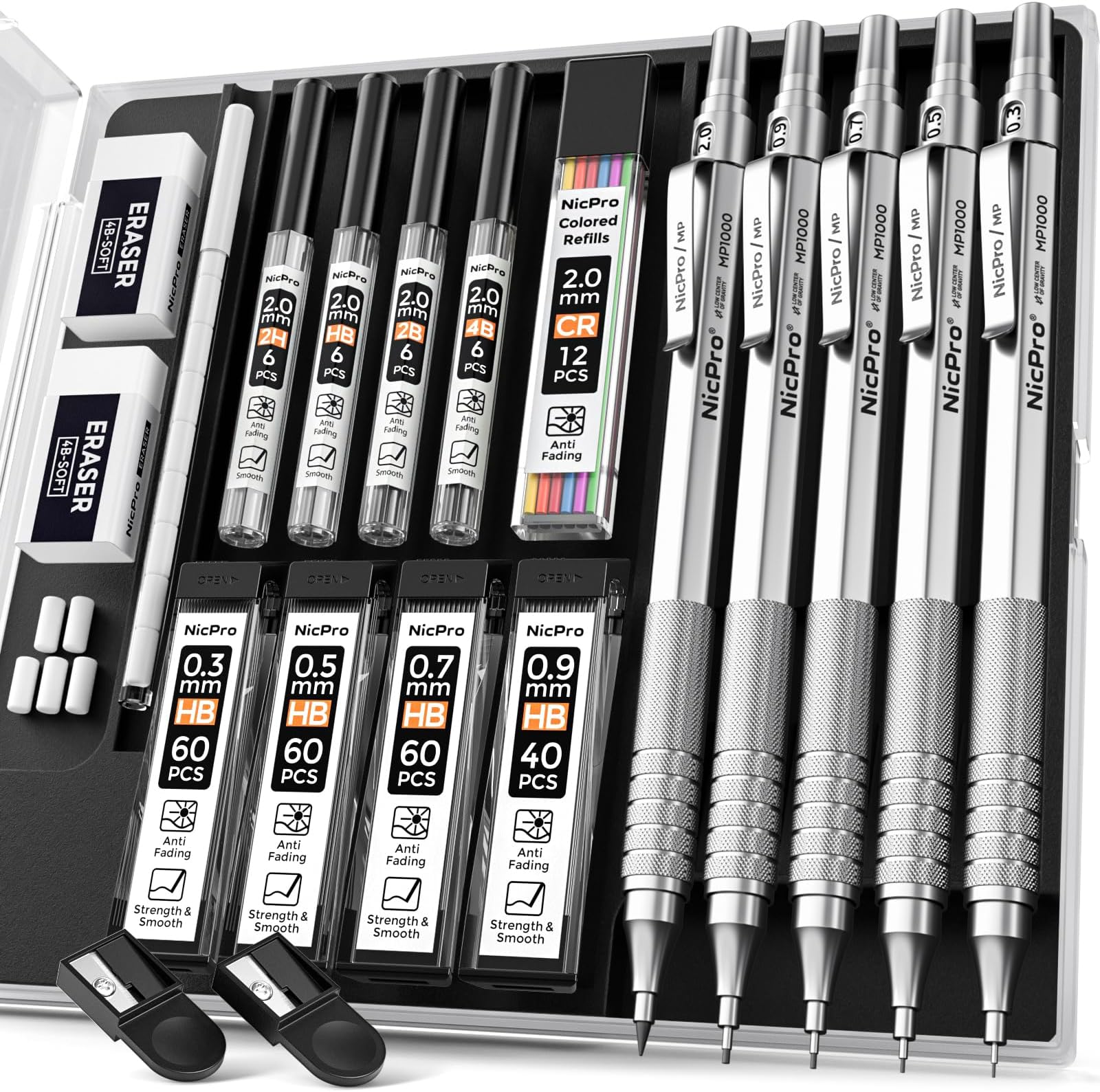 Nicpro Metal Mechanical Pencil Set, 5 PCS Art Drafting Pencils 0.3, 0.5 ...