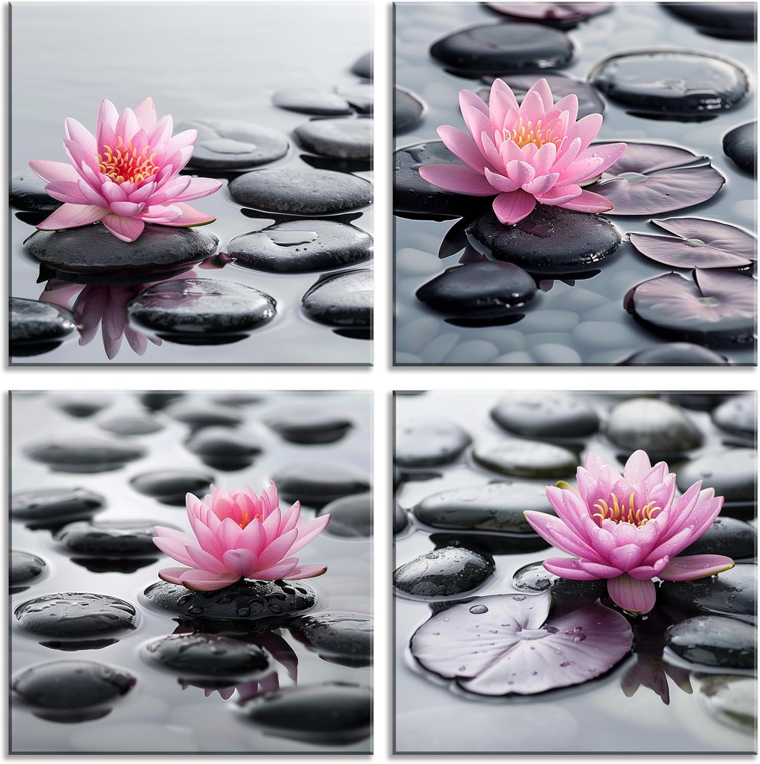 Amazon.com: NAN Wind 4Pcs Zen Pink Water Lily Black Stones Framed Canvas Art Botanical Floral ...