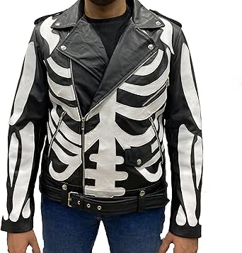 Generic Mens Skeleton Deuce Leather Jacket Black Cafe Racer Biker Skull ...