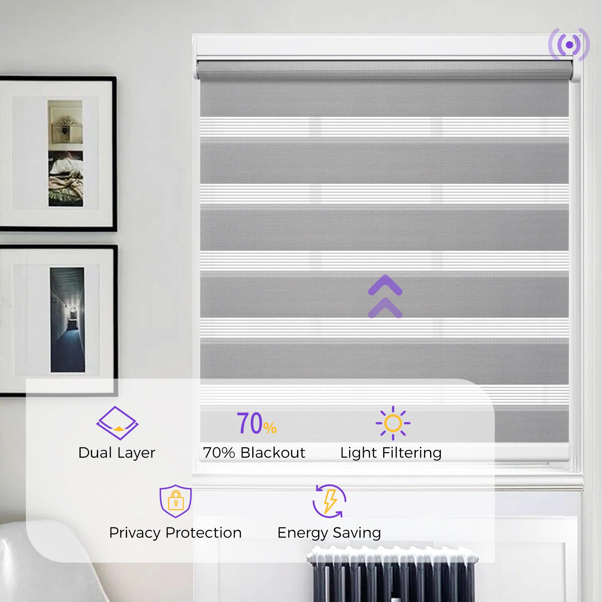 Allesin Motorized Zebra Blinds for Window with Remote, Compatible with Alexa, Smart Dual Layer ...