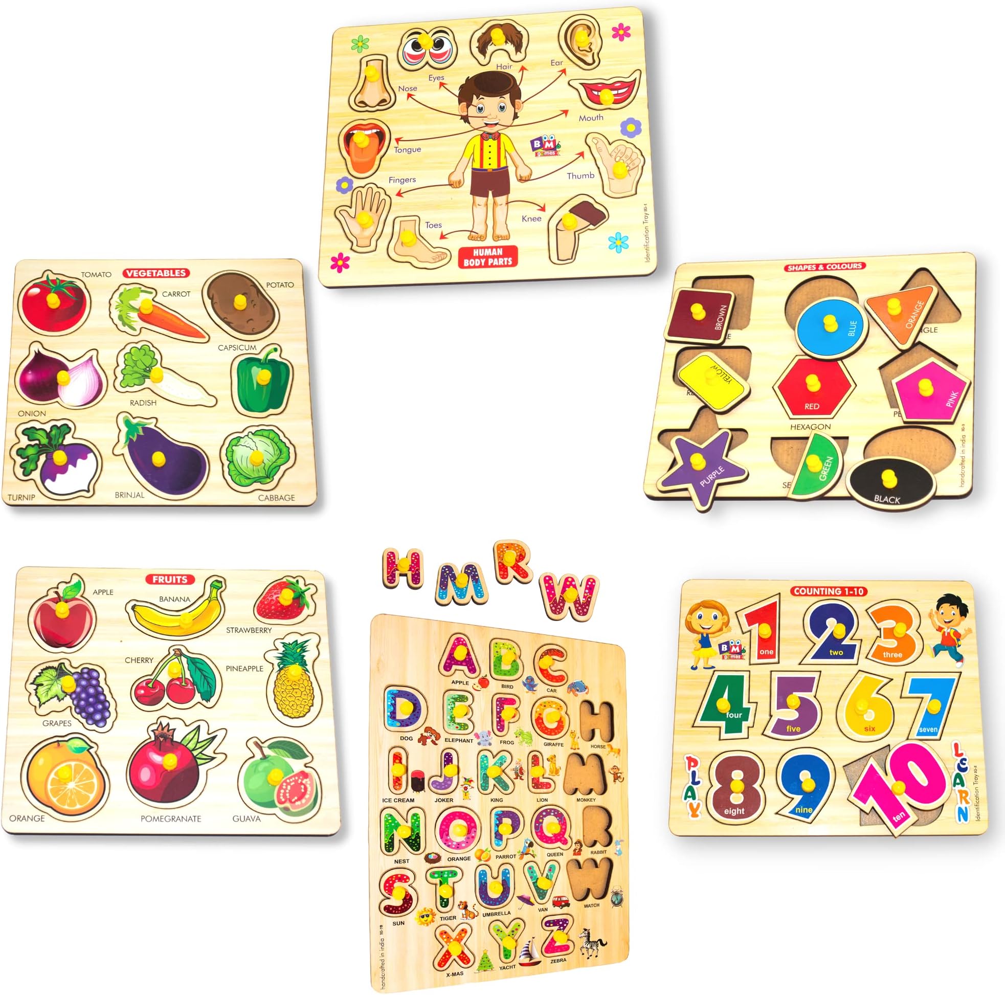 BuGBee Wooden Puzzle Games for Kids Combo of Shapes Number alphabets ...