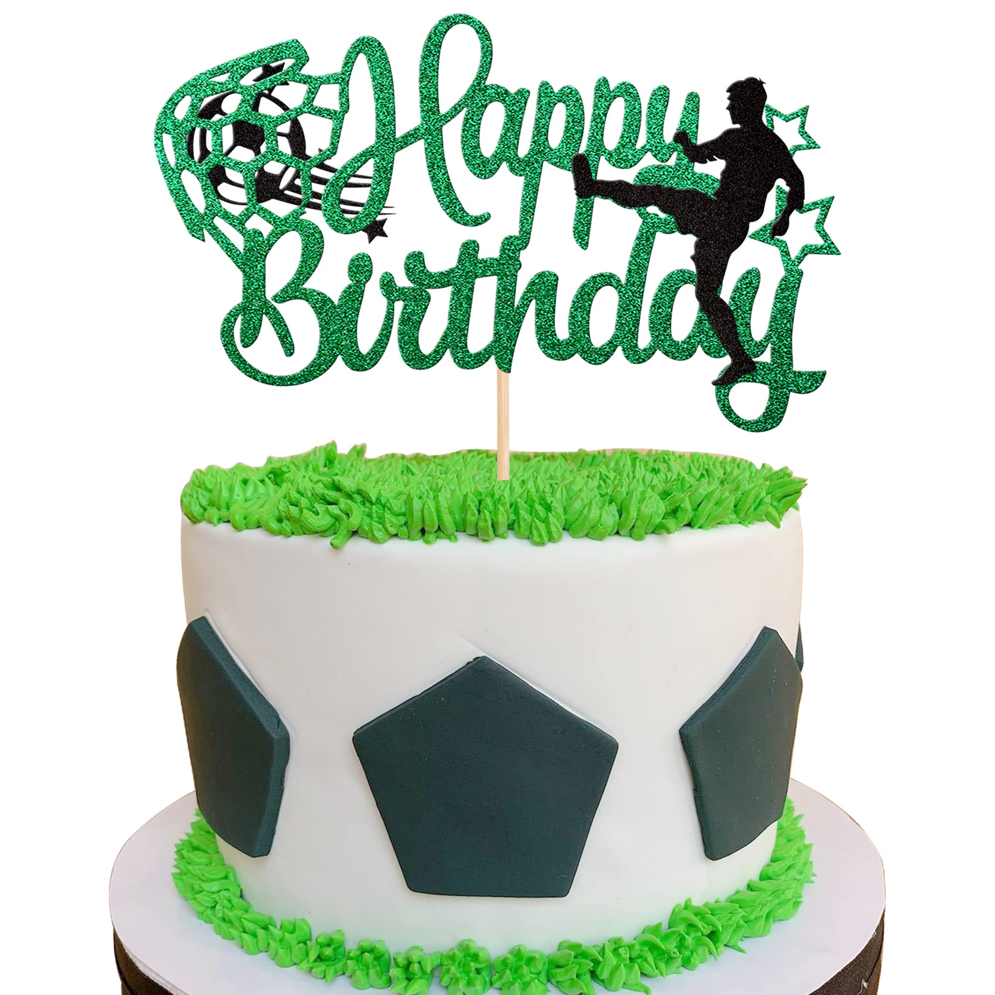 Amazon.com: 1 PCS Soccer Cake Topper Black Green Glitter Happy Birthday ...