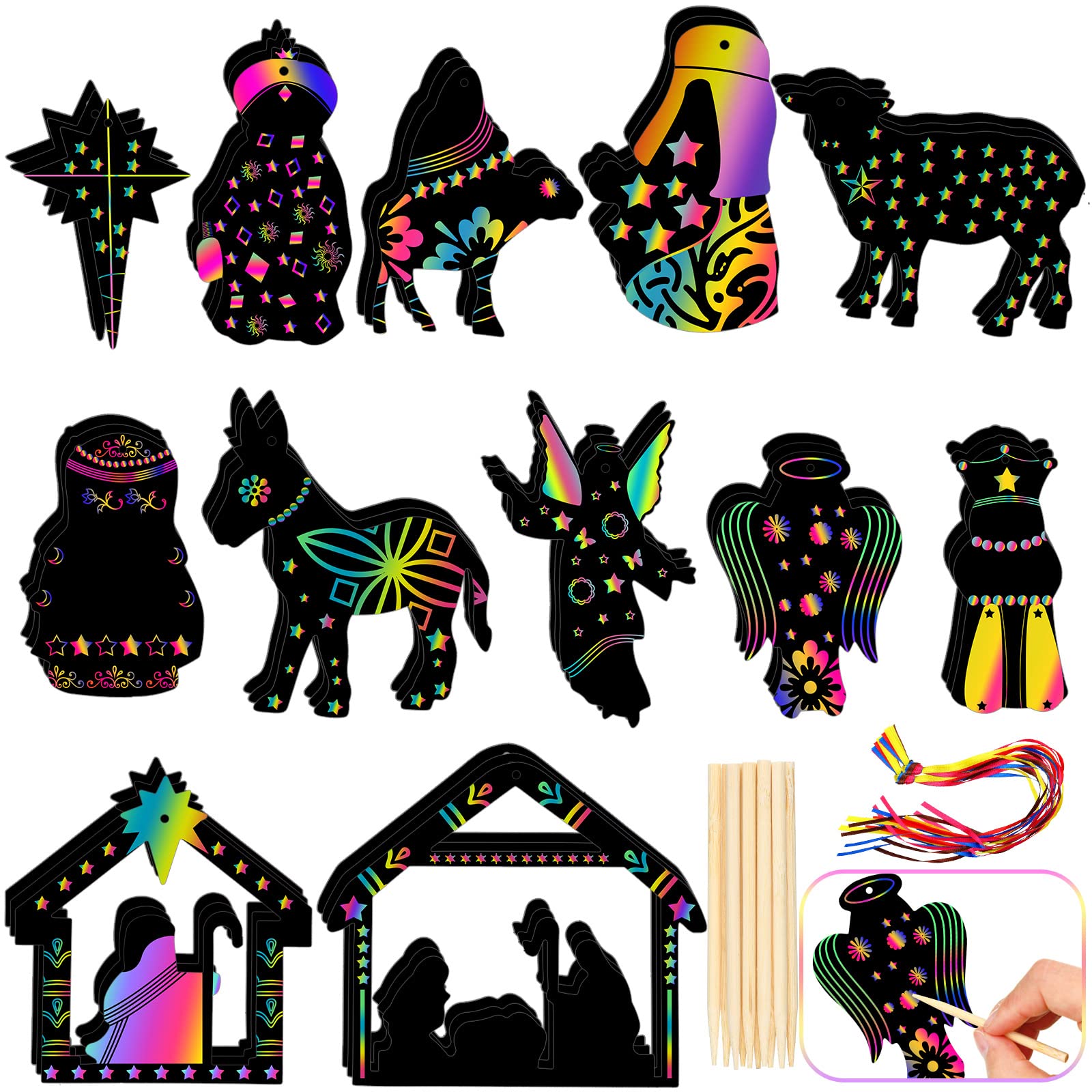 Amazon.com: 36 Pcs Nativity Scene Scratch Paper Christmas Tree Scratch ...