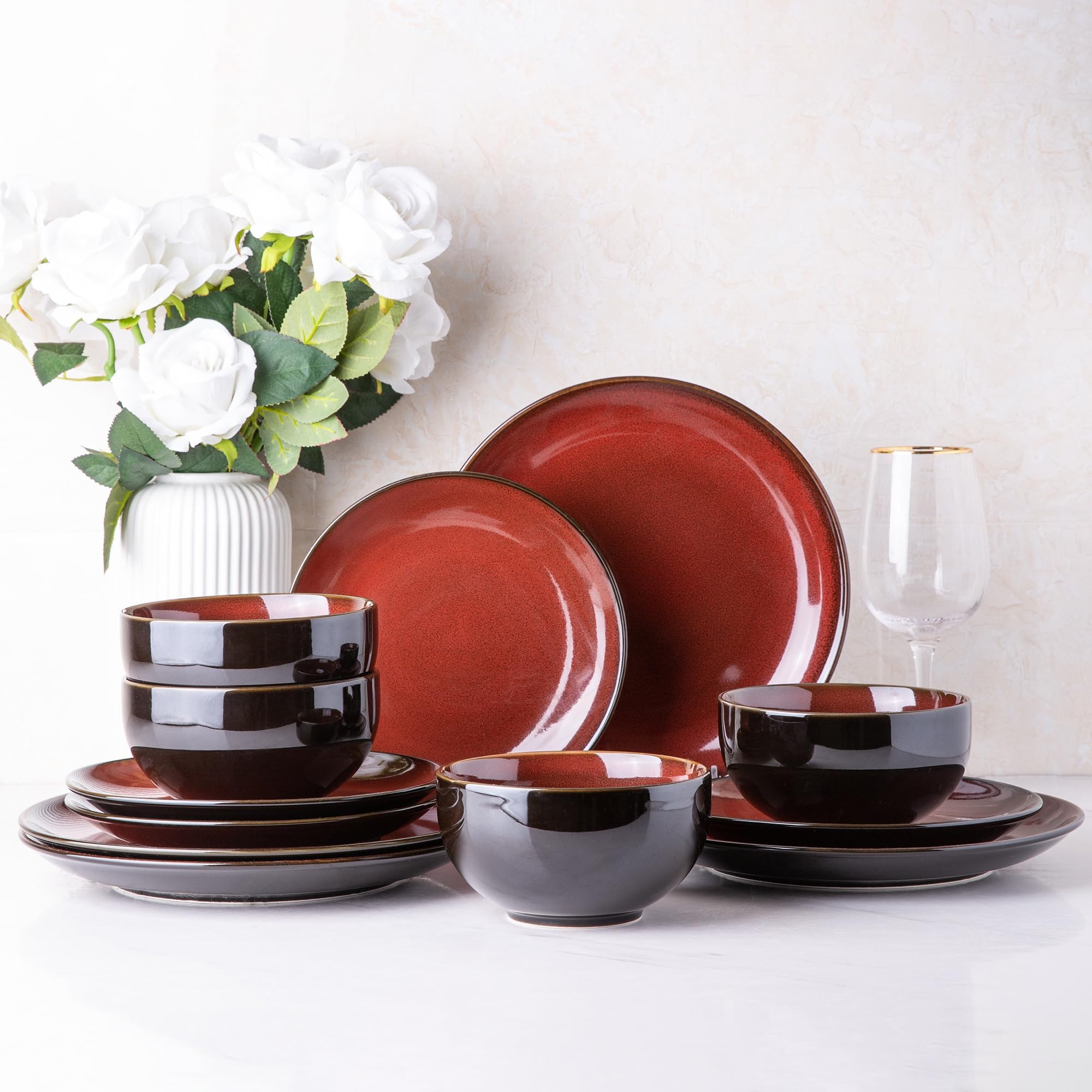 Amazon.com | LERATIO Ceramic Dinnerware Sets of 4, High Edge Stoneware ...