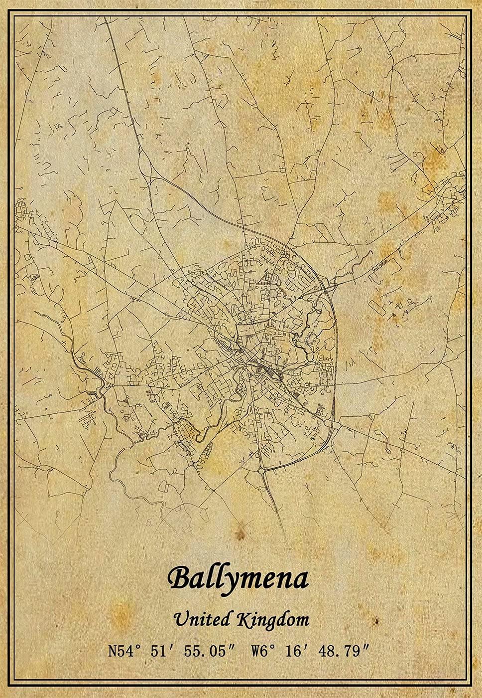 United Kingdom Ballymena Map Wall Art Poster Canvas Print Vintage Style ...
