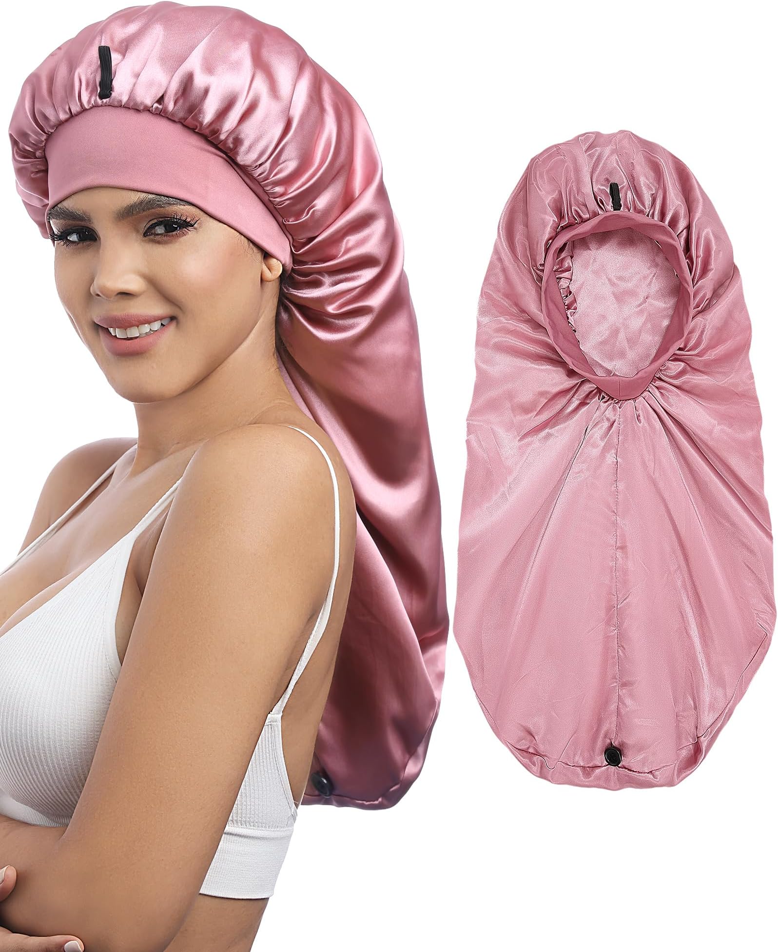 Amazon.com : AWAYTR Long Satin Braids Bonnet for Women - 2 Layer Silk ...