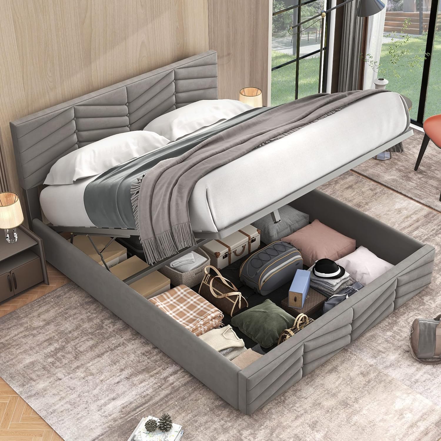 Merax lit double capitonné 140 x 200 cm, hydraulique, sommier à lattes ...