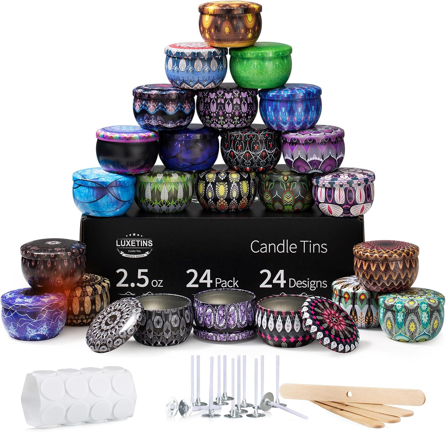 Luxetins 24 Pack Empty Candle Tins, 24 Designs Metal Tins,Candle ...