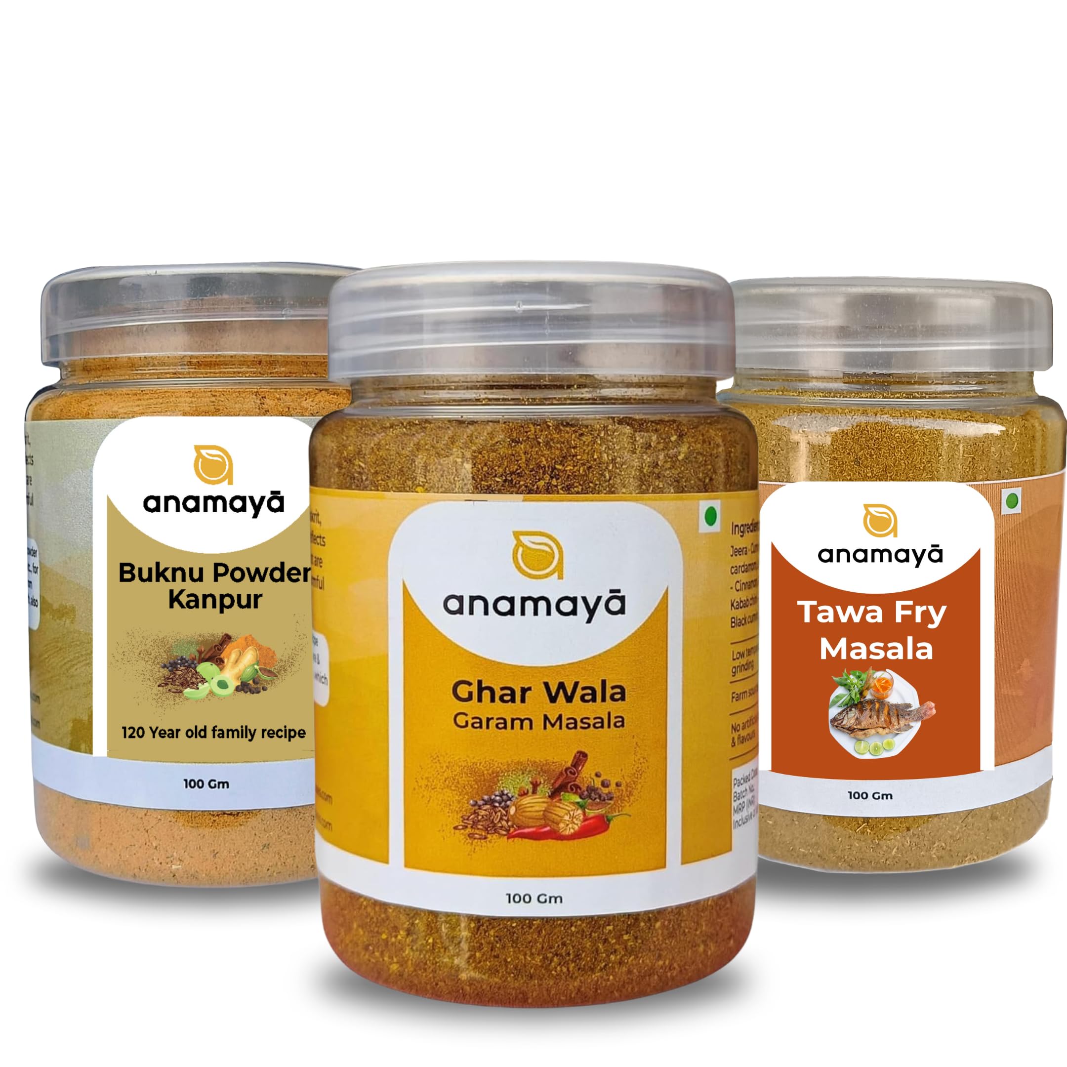 Anamaya Desi Spices combo of Buknu Powder, Tawa Fry Masala & Gharwala ...