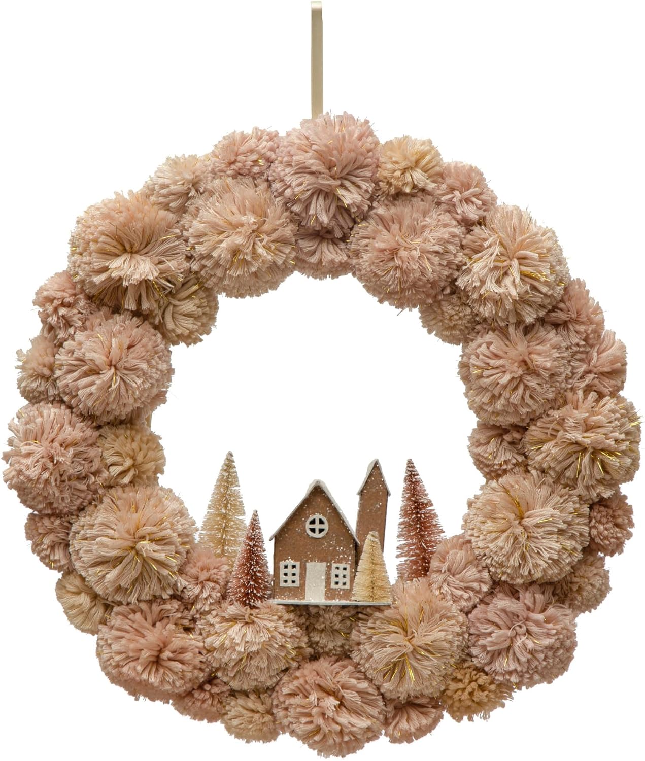 Amazon.com: Creative Co-Op Round Pom Pom Wreath with Sisal Bottle Brush ...