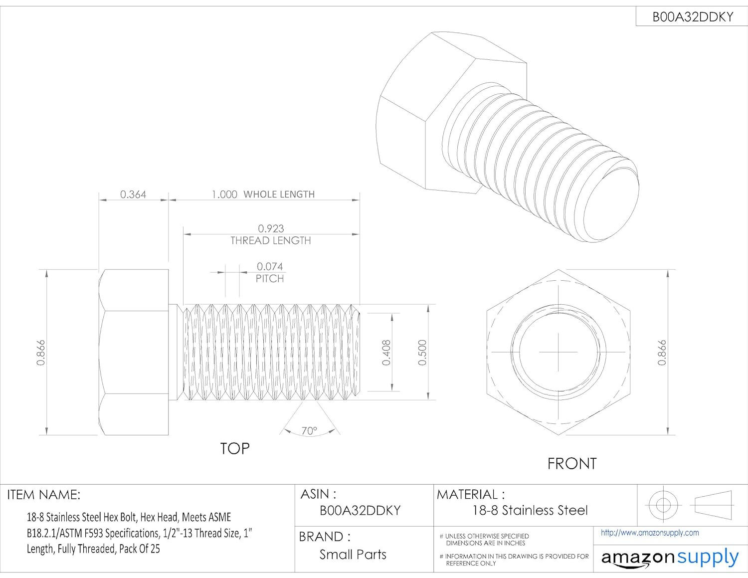 Pack of 5 18-8 Stainless Steel Hex Bolt Partially Threaded Meets ASME ...