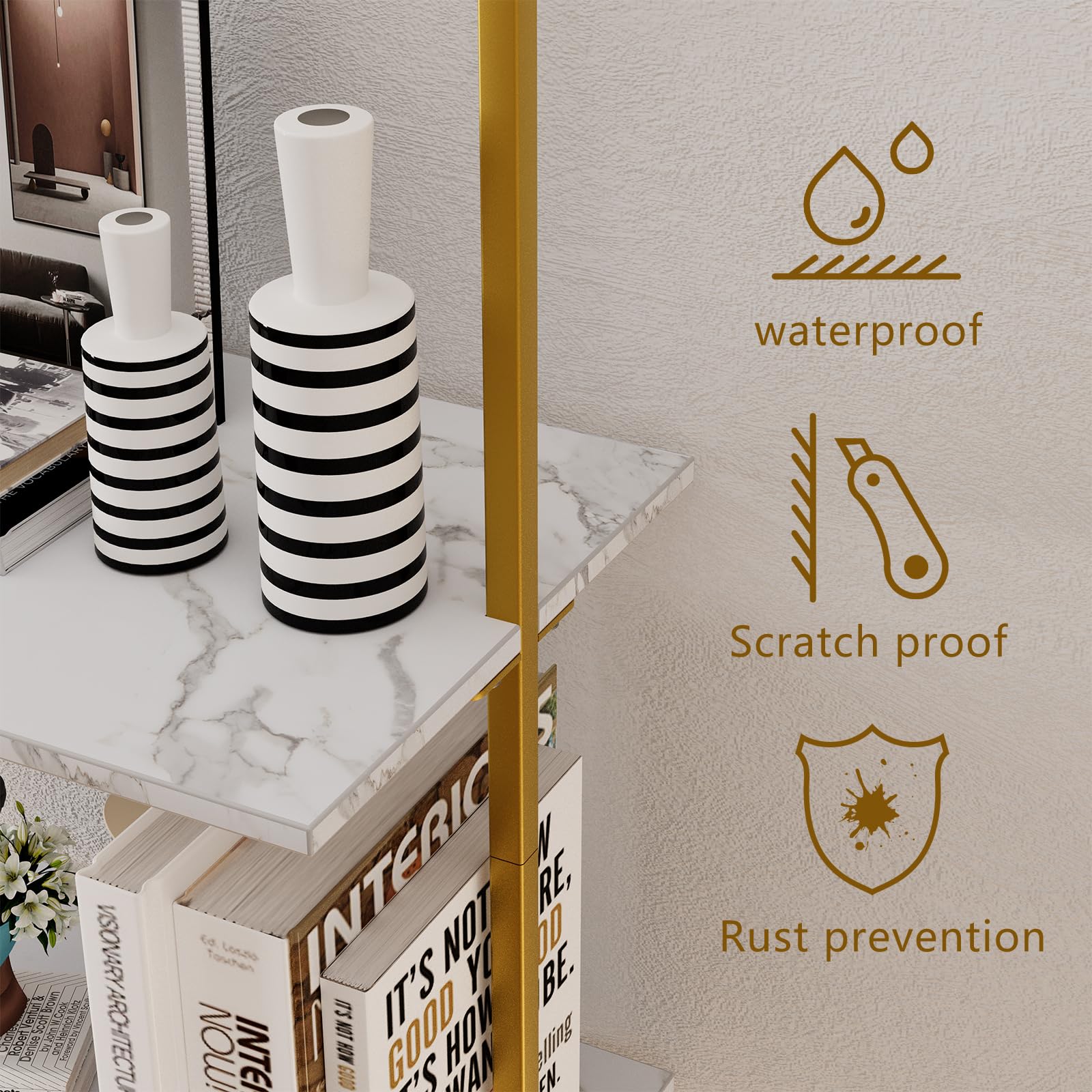 Wolawu Ladder Shelf 4 Tiers Metal Industrial Bookshelf,White Marble ...