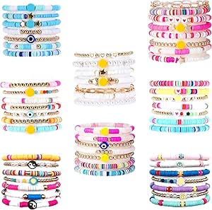 Amazon.com: MOZAKA 57Pcs Preppy Heishi Bracelets Set Colorful Heart ...