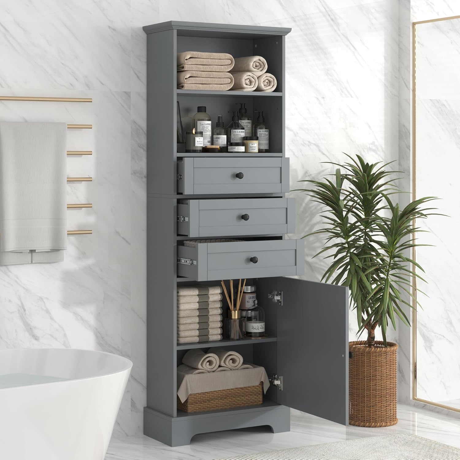 Amazon.com: Harper & Bright Designs Storage Cabinet, 67.3 Inch Freestanding Tall Floor Bathroom ...