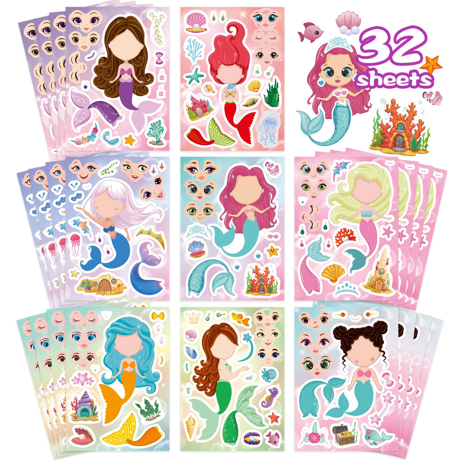 Amazon.com: 32 Sheets Mermaid Stickers for Kids Make Your Own Mermaid ...