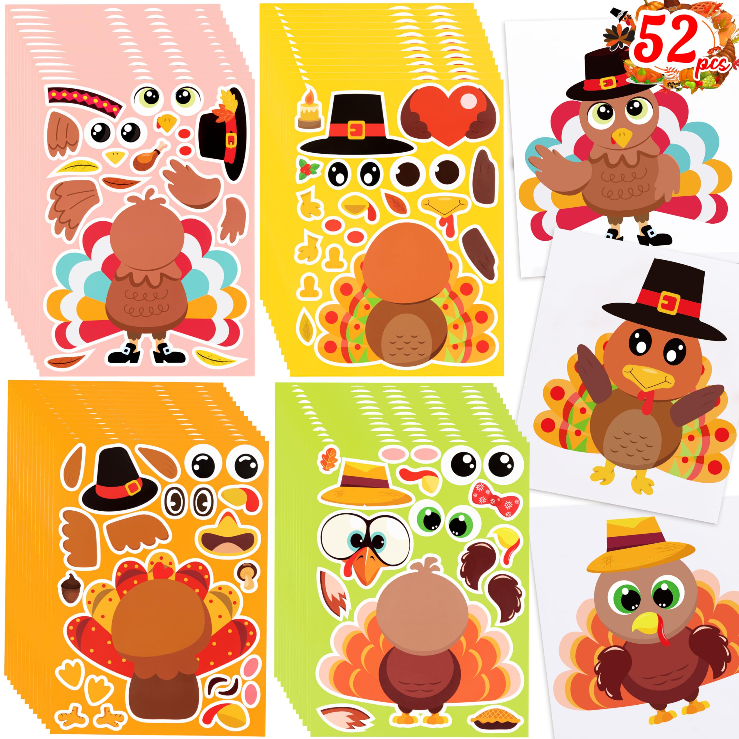 Amazon.com: 52pcs Thanksgiving Crafts for Kids, Make-A-Turkey Stickers ...