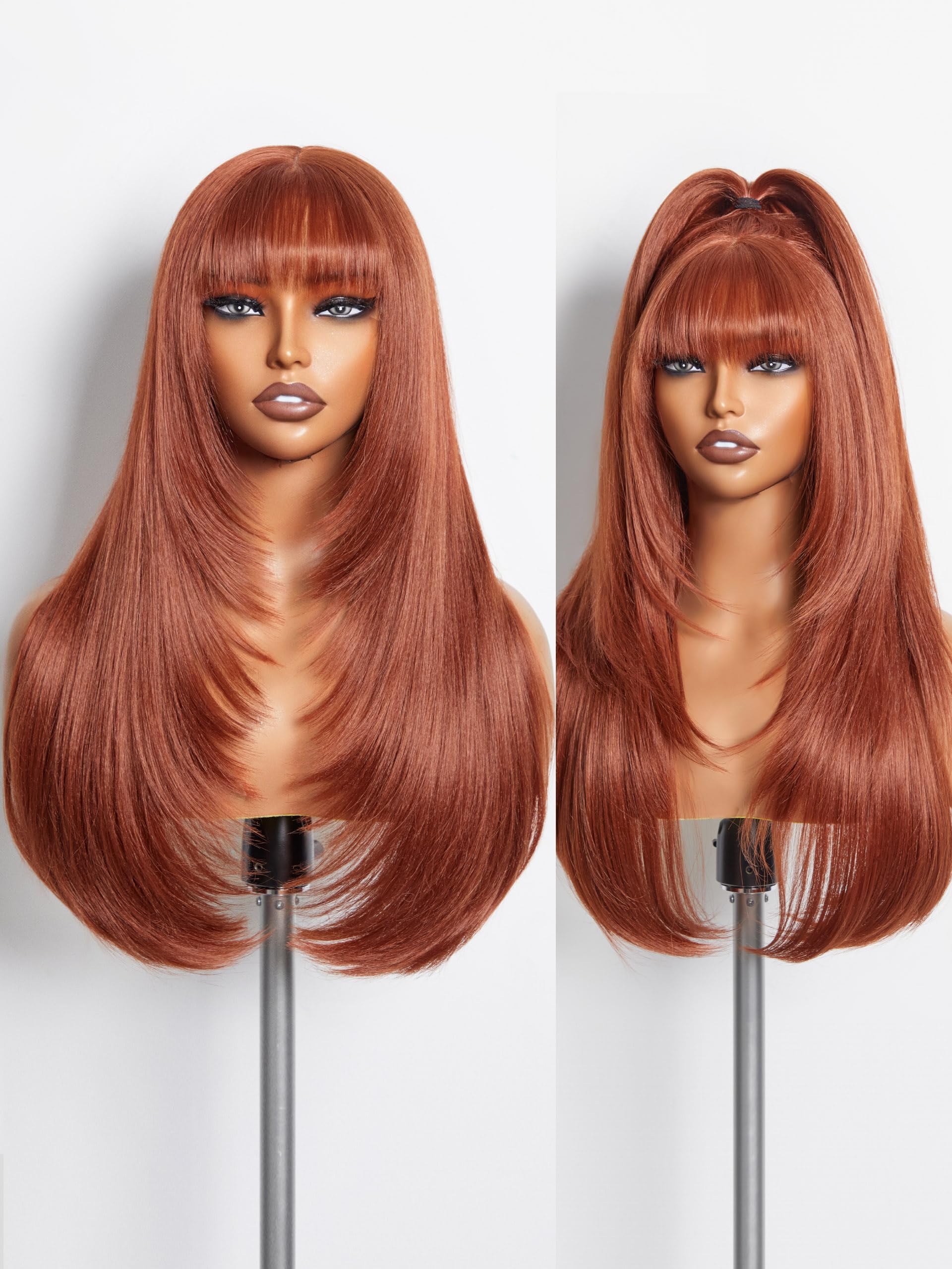 Amazon.com : GORGIUS Straight Layered Wigs with Bangs Glueless Ginger ...