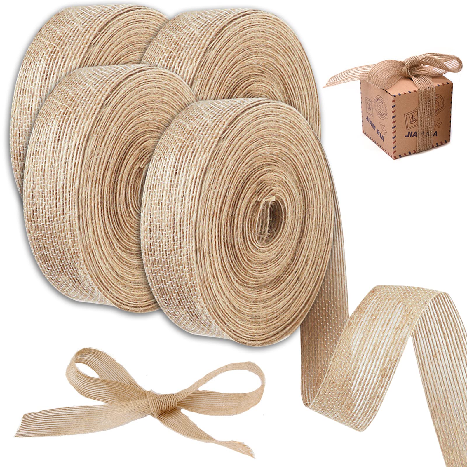 Hessian Jute Burlap Ribbon, 4Rolls Vintage Gift Wrap Ribbon 2cm Craft ...