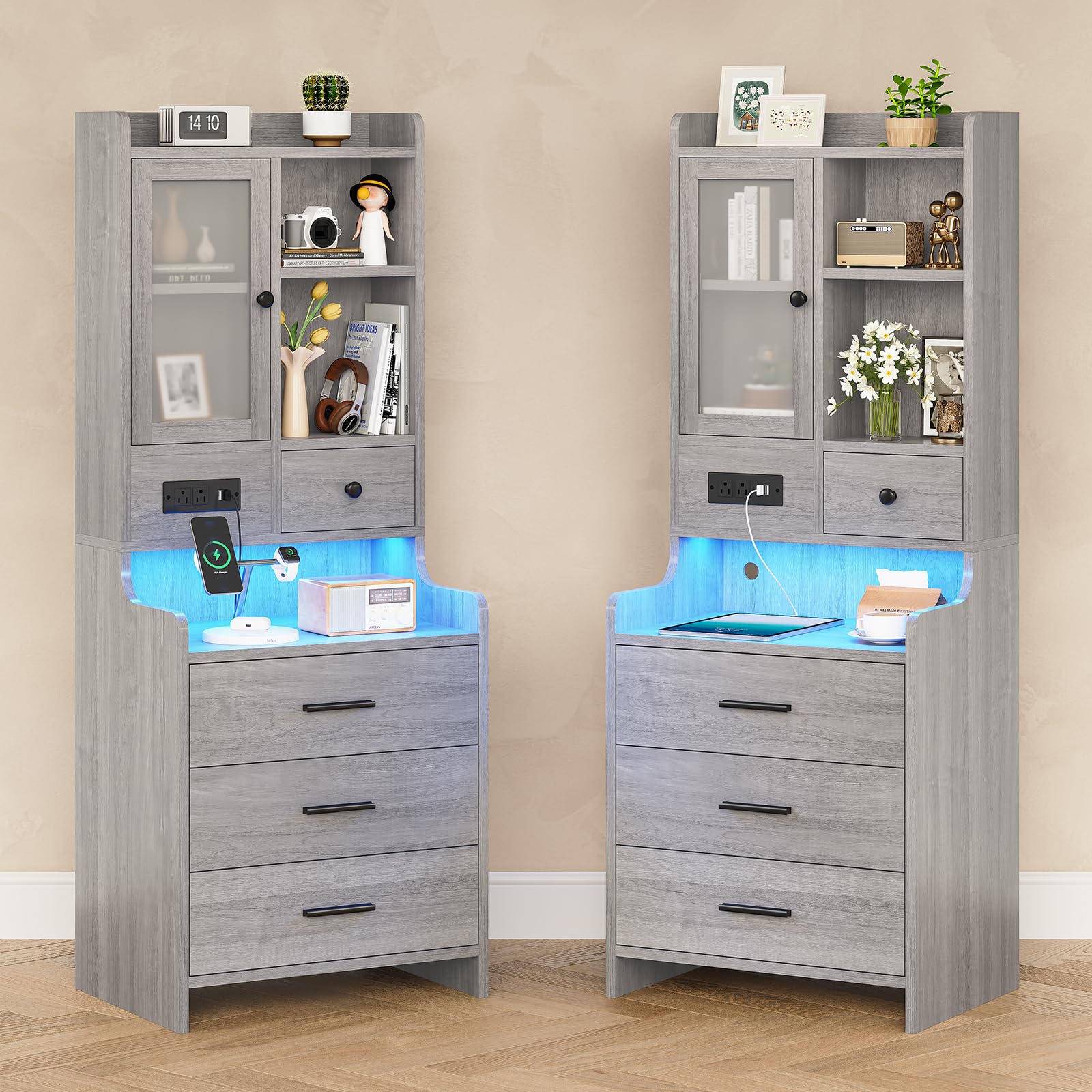 Amazon.com: BTHFST Grey Nightstand Set of 2, LED Night Stand Set 2 with ...