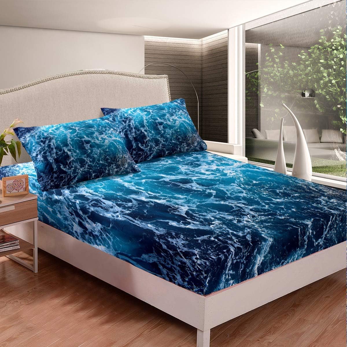 Amazon.com: Erosebridal Blue Waves Sheet Set Ocean Sea Fitted Sheet ...