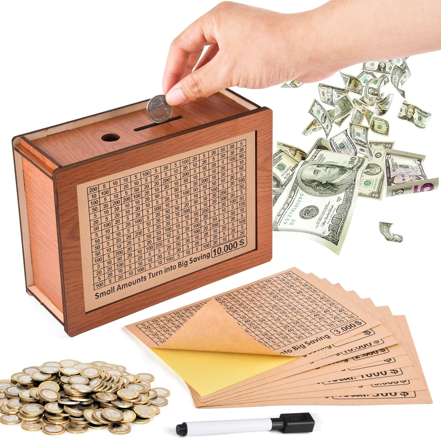 Amazon.com: Cash Vault Wooden Money Saving Box, Cash Saving Box for 200 ...