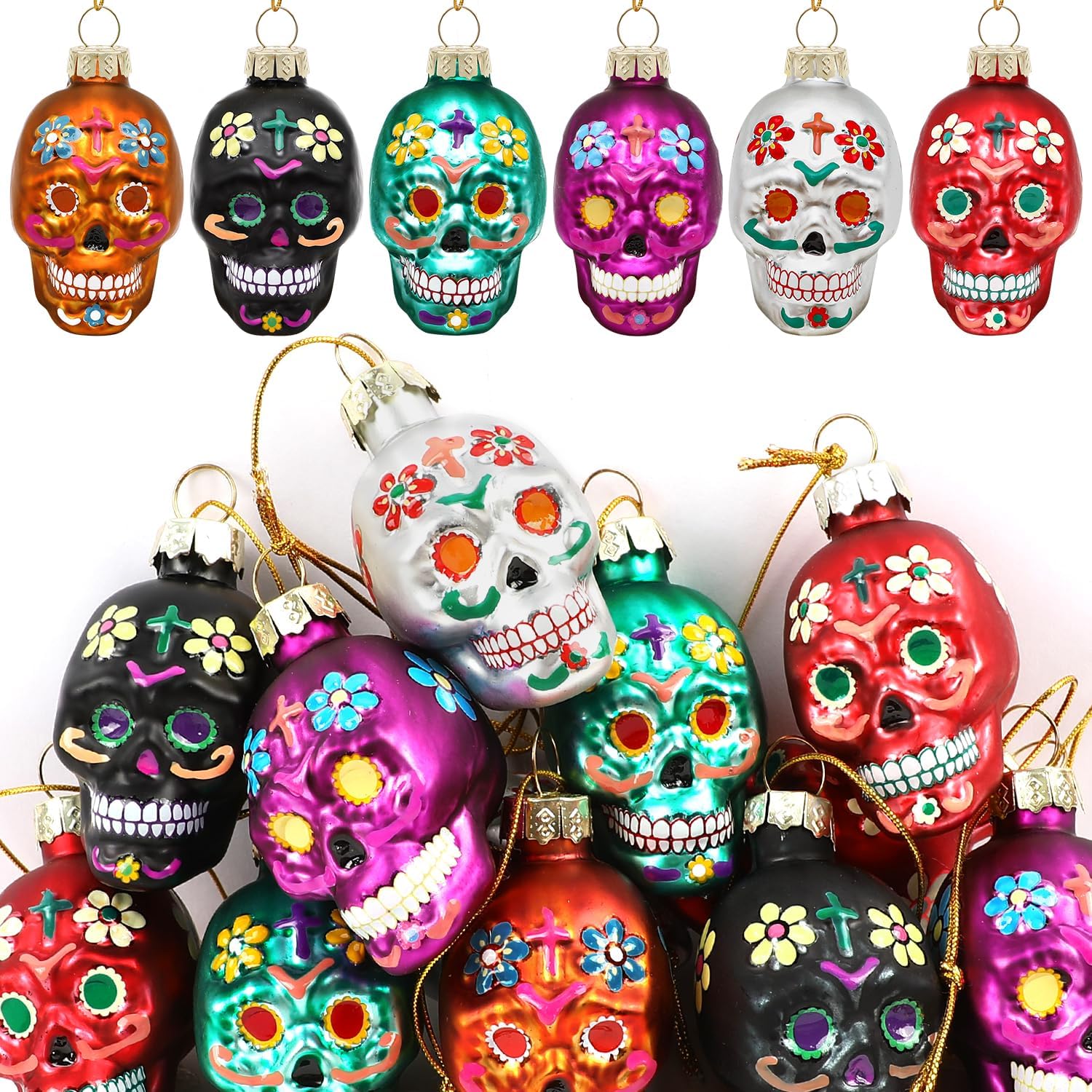 Amazon.com: 12PCS Day of The Dead Glass Skull Ornaments,Halloween ...