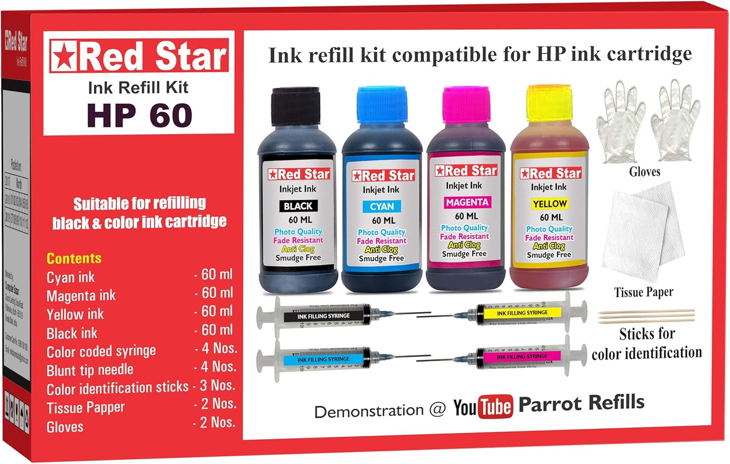 Amazon.com: Red Star 4 Color Ink Refill kit Suitable for HP 60 61 62 63 ...