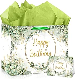 Amazon.com: Large Green Birthday Gift Bag Sage Green Happy Birthday ...