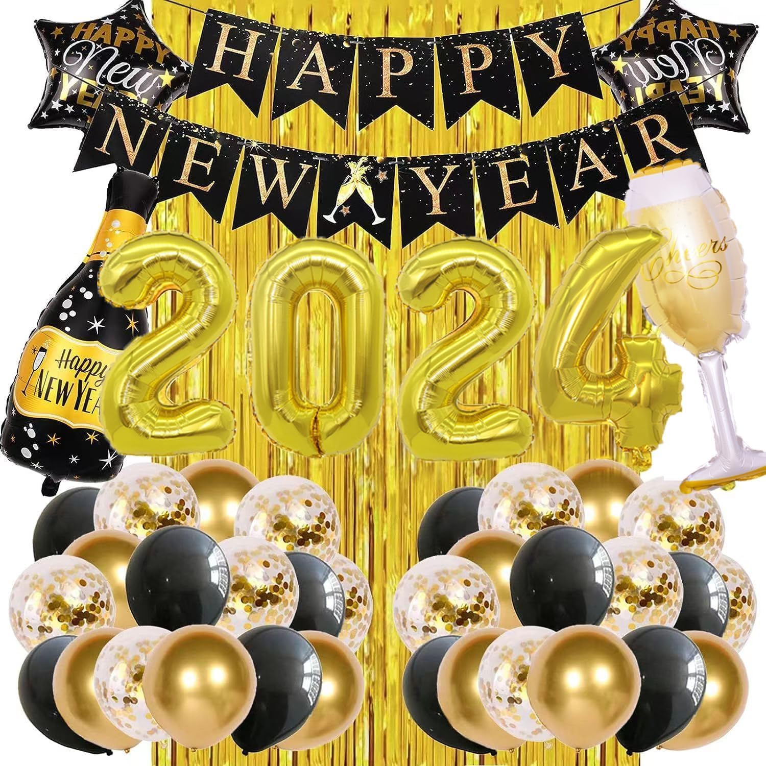 Happy New Year Decorations 2024 Kit - Black Gold New Years Eve Party ...