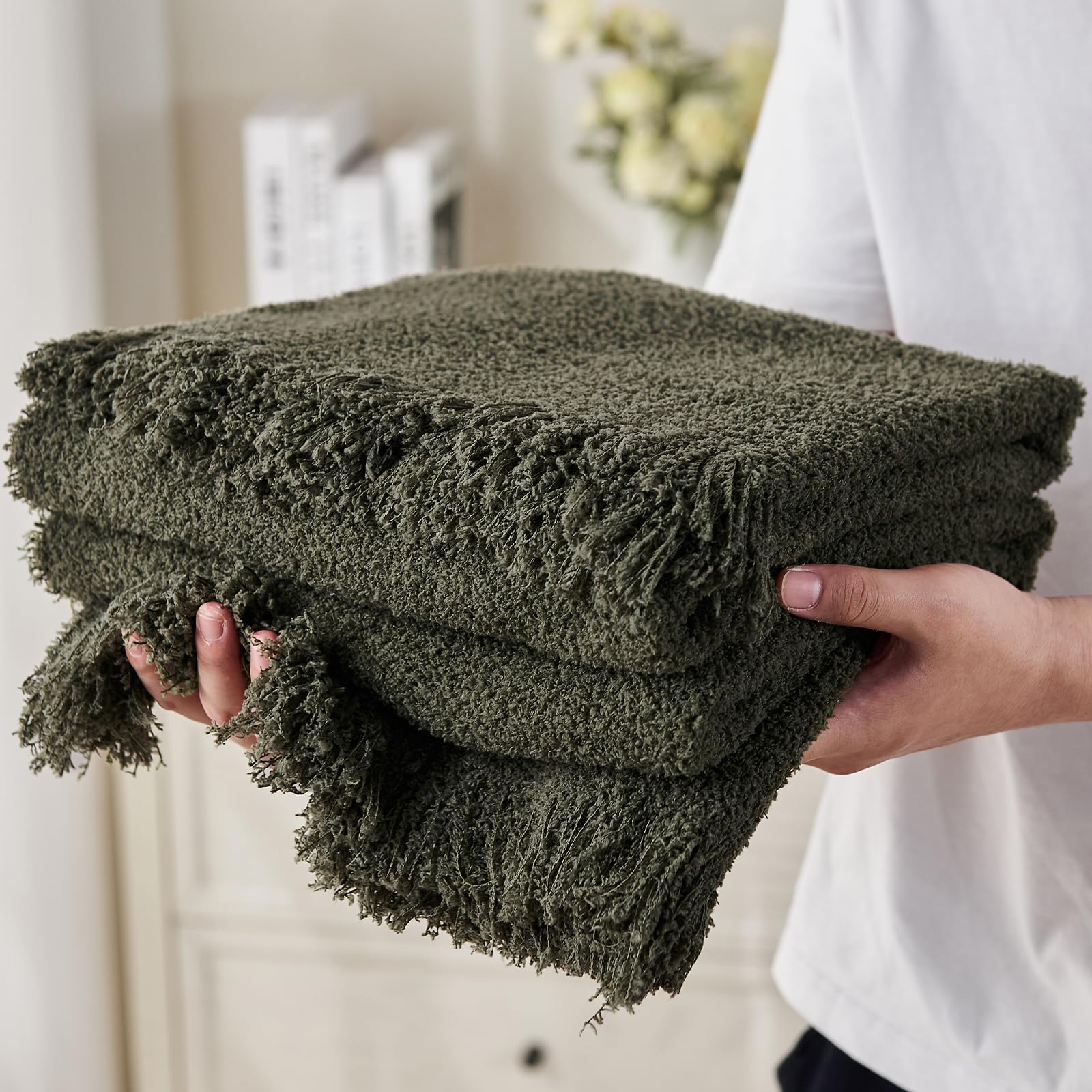 Amazon.com: Creative Co-Op Cotton Knit Tassels, Olive Green Throw ...