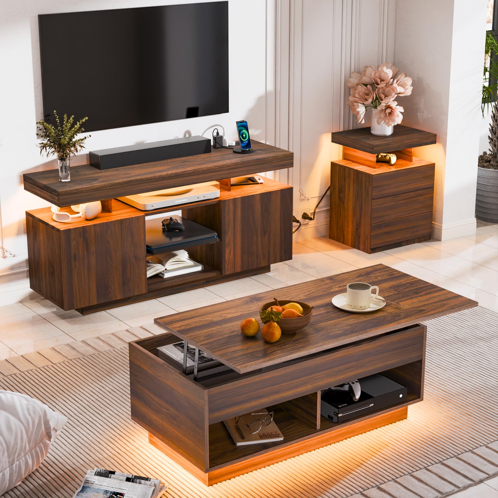 Amazon.com: HOMMPA LED Lift Top Coffee Table and TV Stand Set of 2 ...