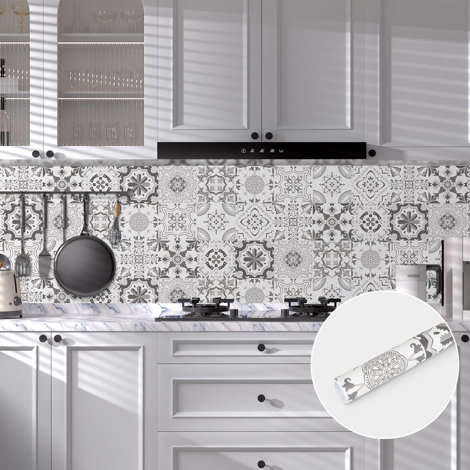 Abyssaly Grey Tile Stickers for Kitchen 44x300cm, Stick on Tiles Roll ...