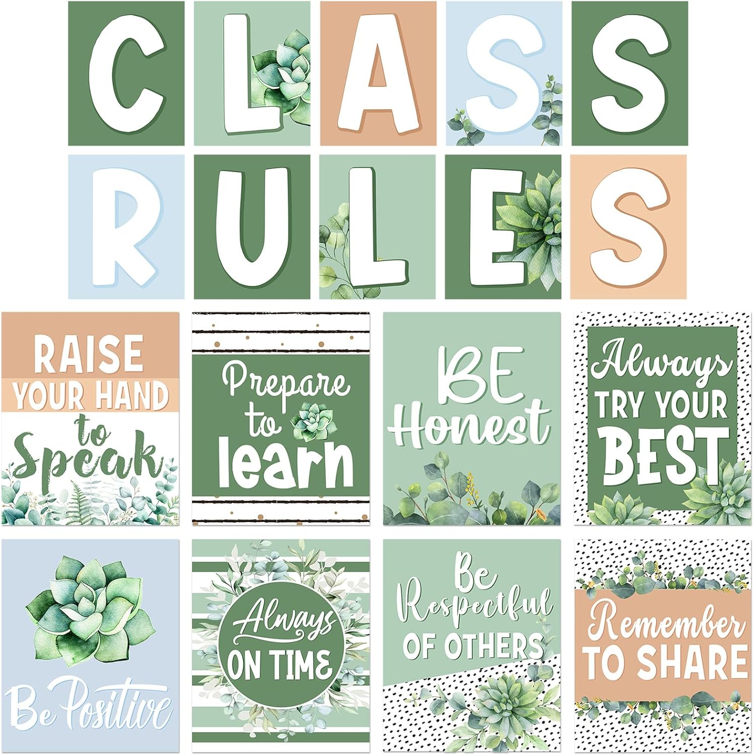 Amazon.com: Janlaugh 18 Pcs Class Rules Poster Set Greenery Plant ...