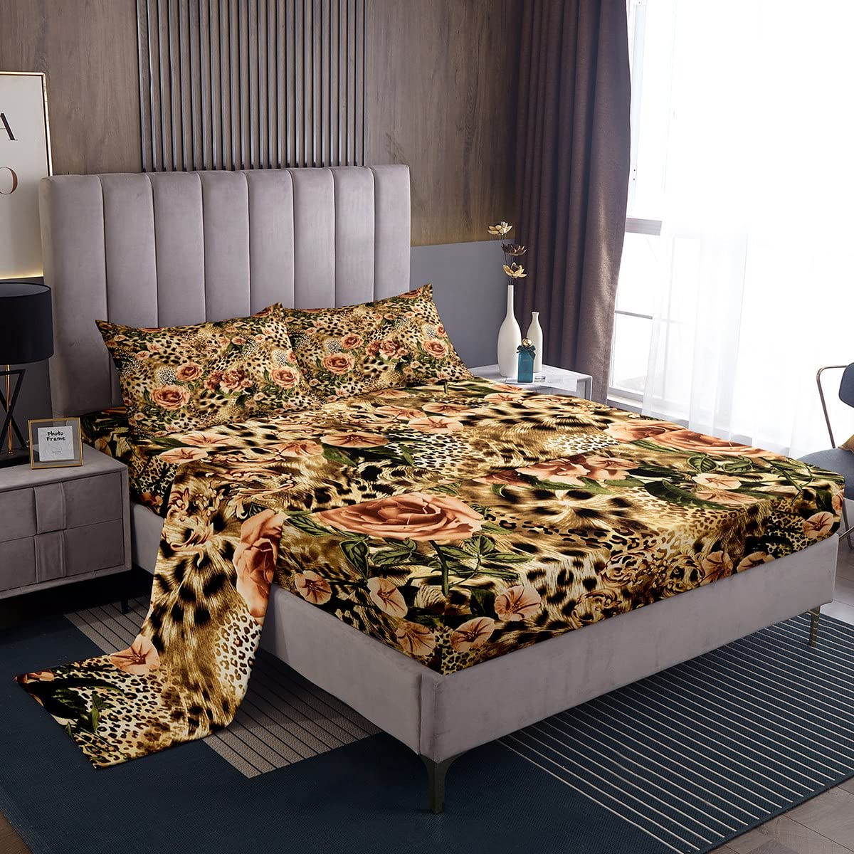Amazon.com: Leopard Print Sheet Set Queen,Cheetah Rose Bedding Set for ...