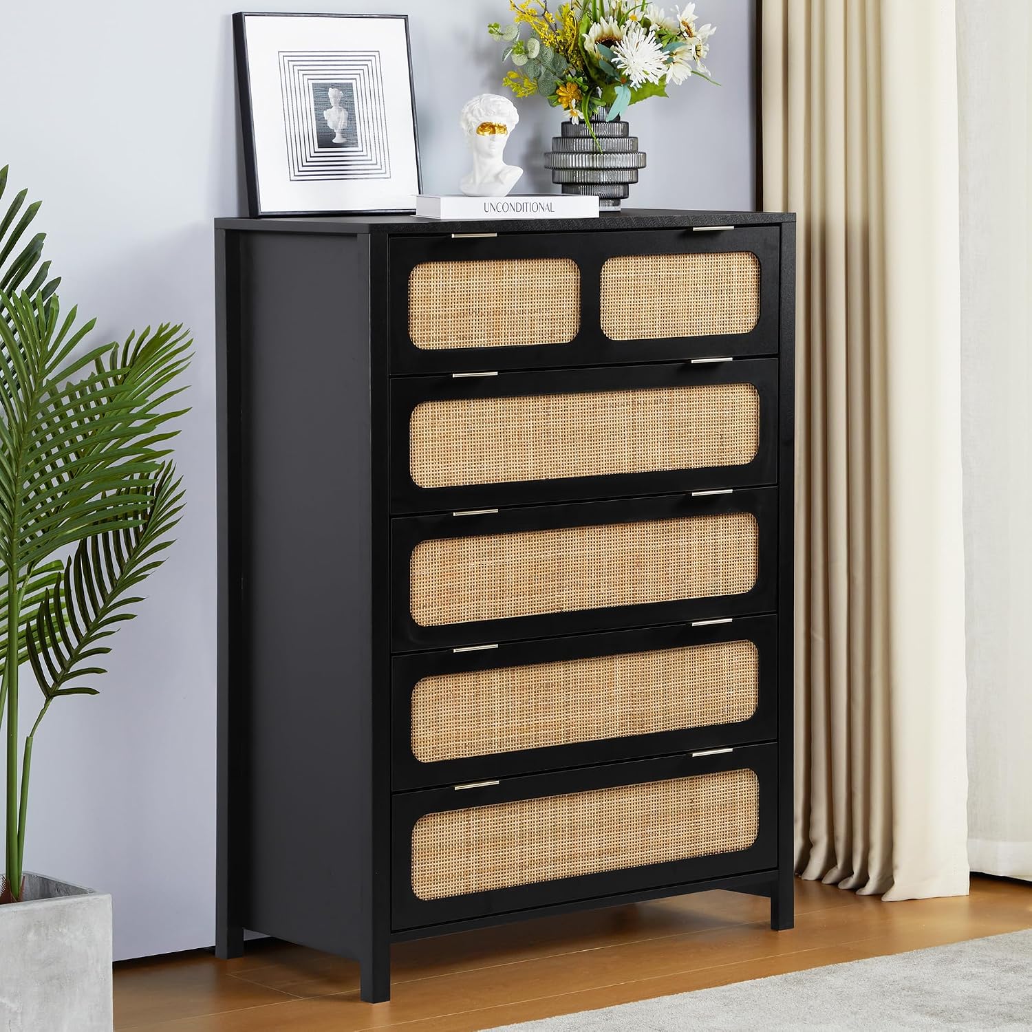 Amazon.com: UHMUVFM 5 Drawer Dresser with Rattan Finish, Modern ...
