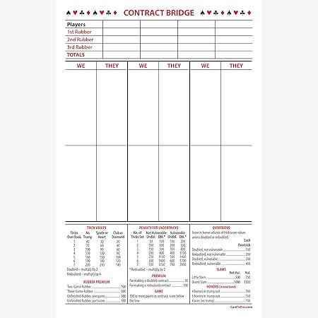Amazon.com: Contract Bridge Score Pads, Large Size (5 Pads, 50 Sheets ...